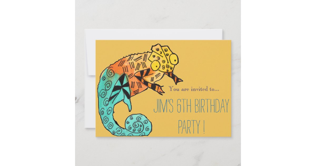 Chameleon reptile illustration boy birthday party invitation | Zazzle