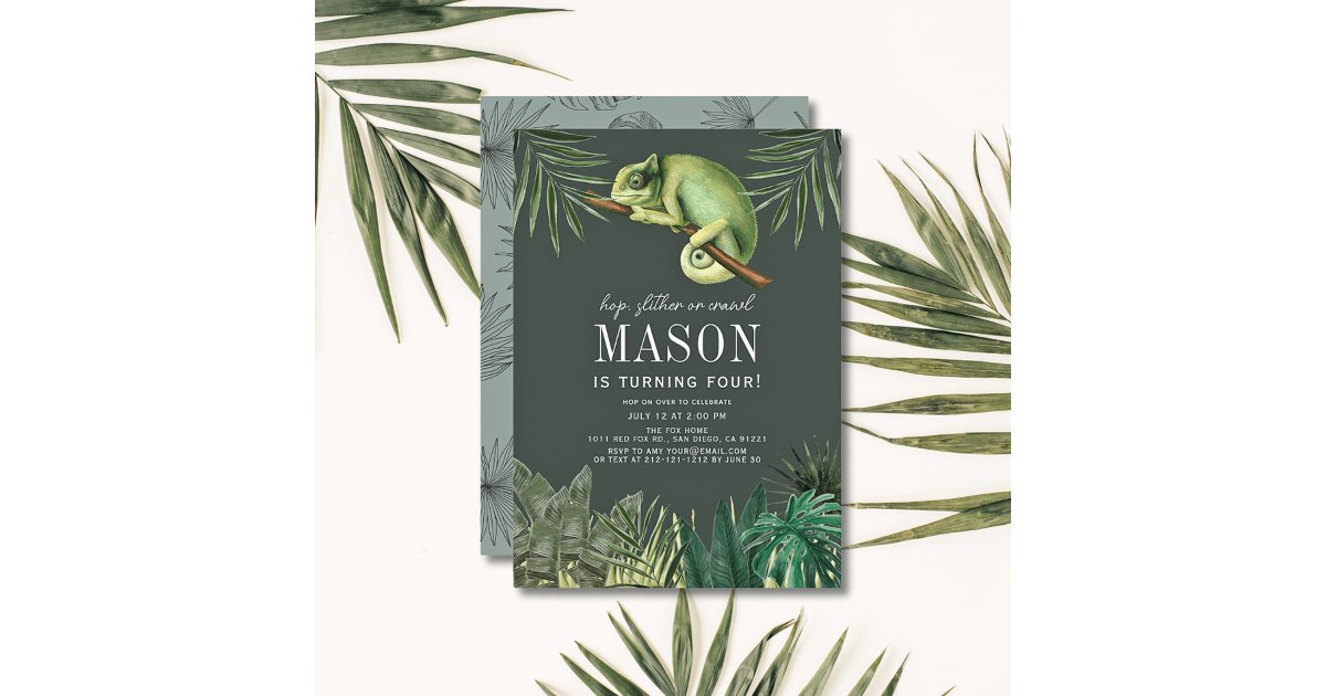 Chameleon Reptile Tropical Green Boy Birthday Invitation | Zazzle