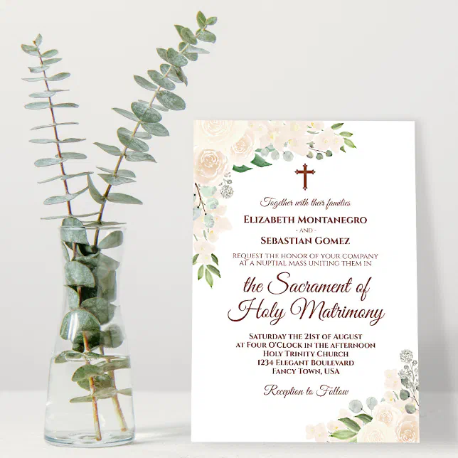 Champagne Blush Floral Modern Catholic Wedding Invitation | Zazzle