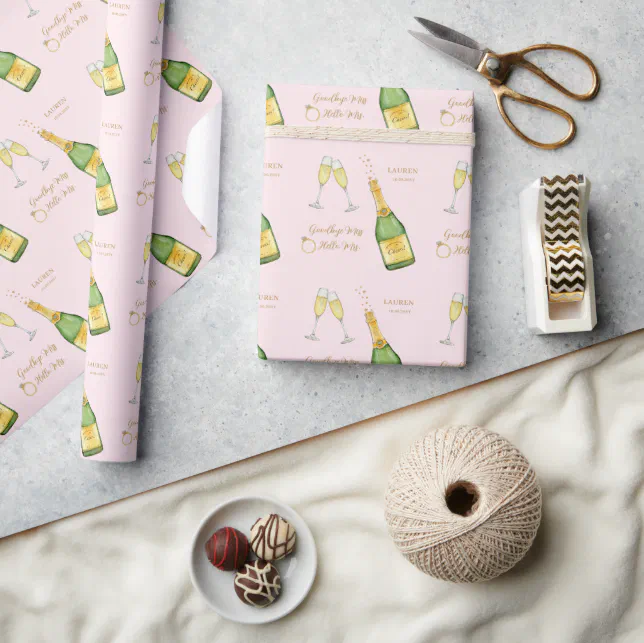 Champagne bottle and glass Pink Bridal Shower Wrapping Paper | Zazzle