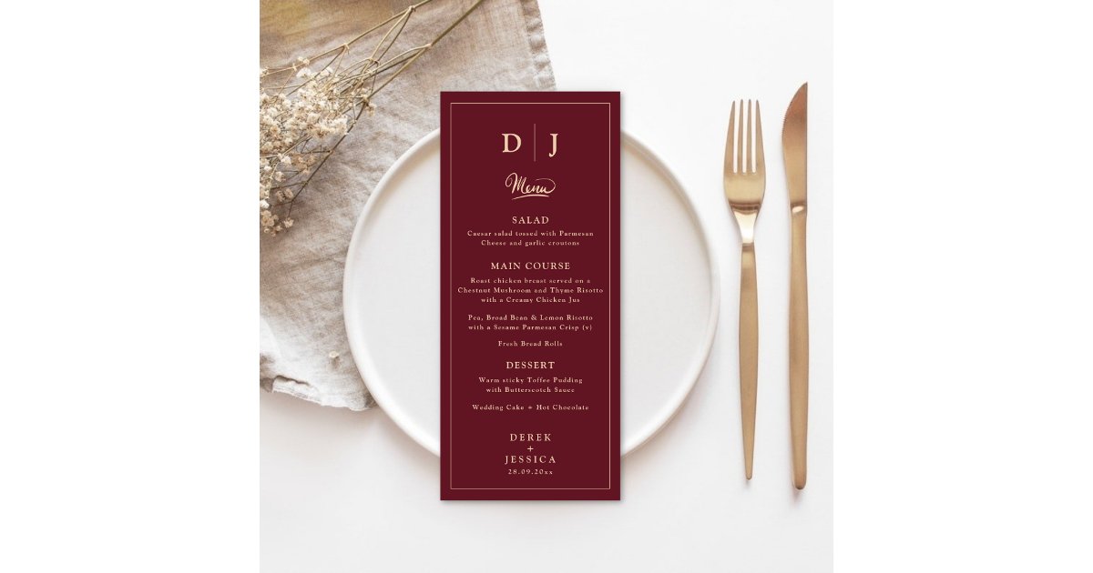 Champagne & Burgundy Elegant Luxury Wedding Menu | Zazzle