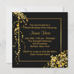 Champagne Confetti Black Gold 50th Birthday Party Invitation | Zazzle