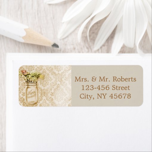 Champagne damask floral mason jar wedding label | Zazzle