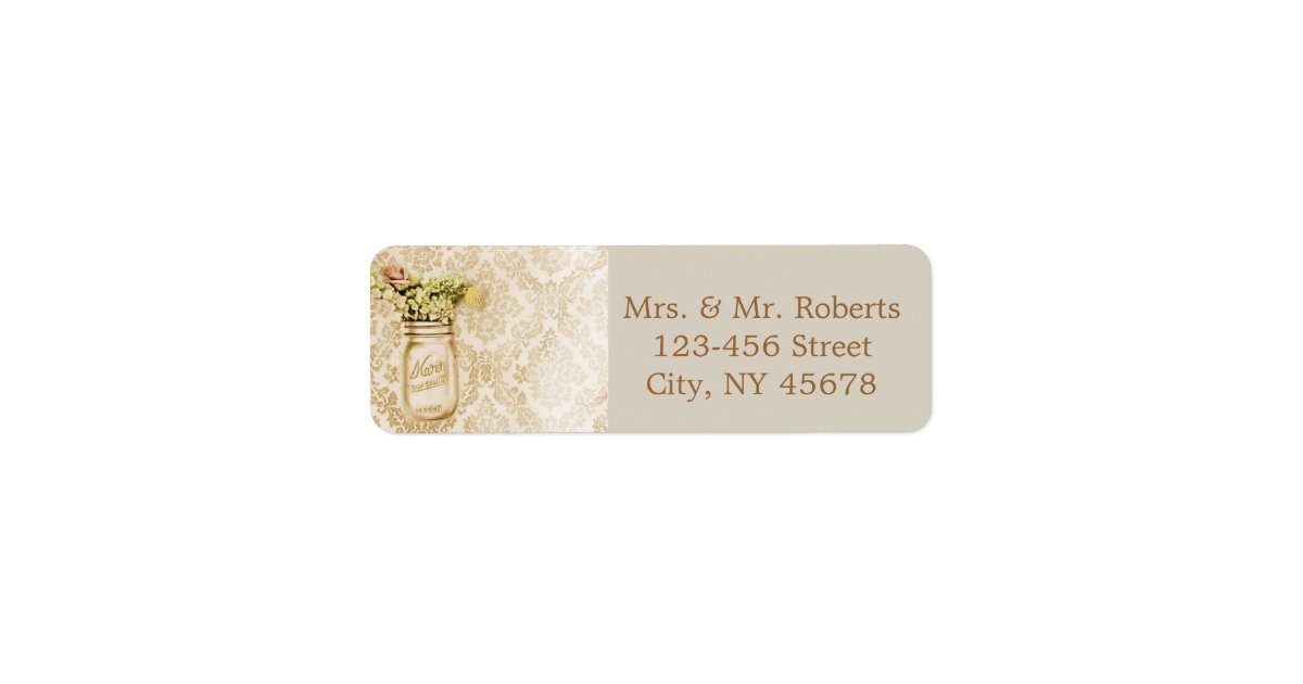 Champagne damask floral mason jar wedding label | Zazzle