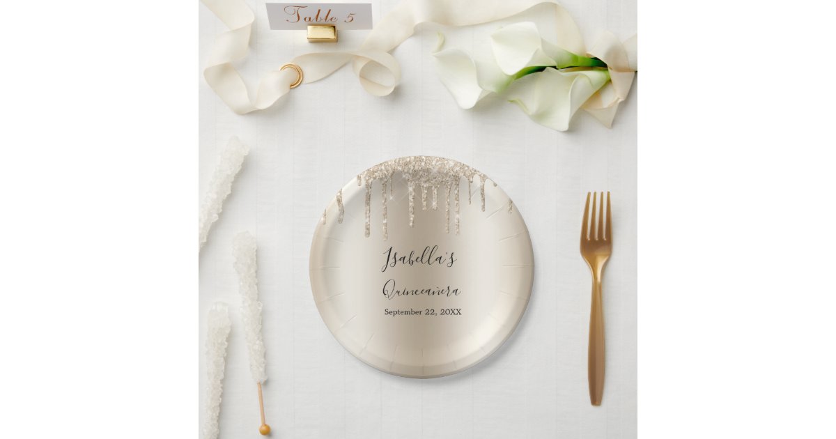 Champagne Dripping Glitter Elegant Quinceanera Paper Plates | Zazzle