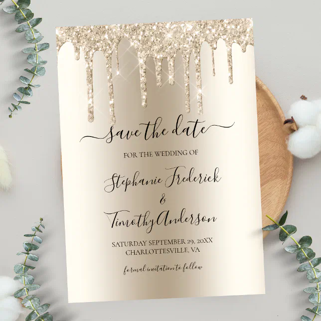 Champagne Dripping Glitter QR Code Wedding Save The Date | Zazzle