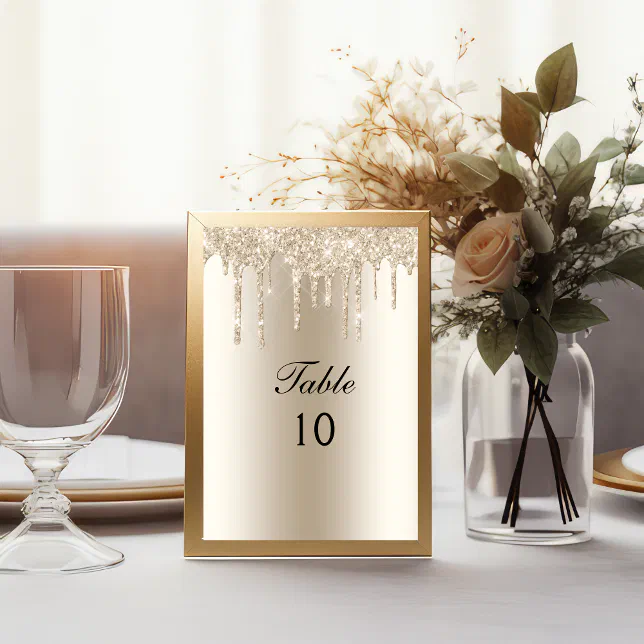Champagne Dripping Glitter Wedding Table Number | Zazzle