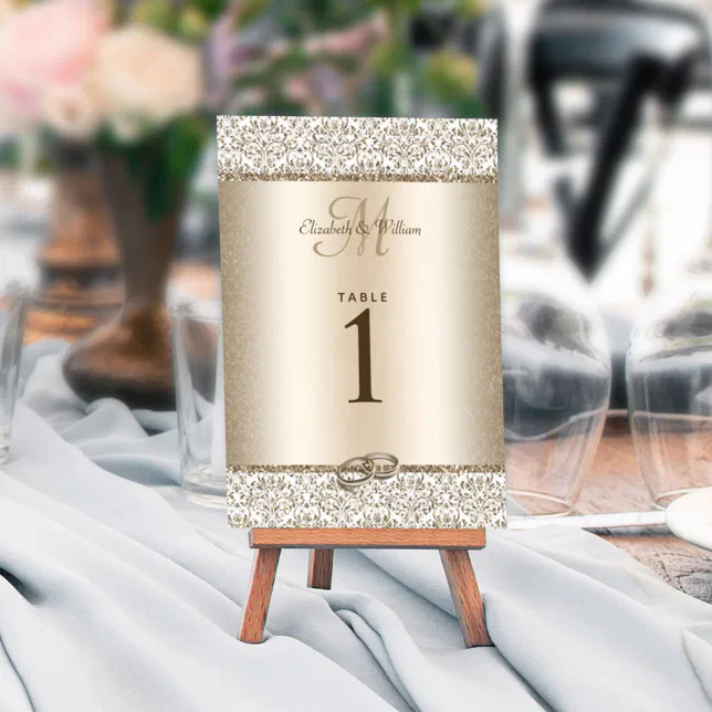 Champagne Elegant Metallic Glitter Damask Wedding Table Number | Zazzle