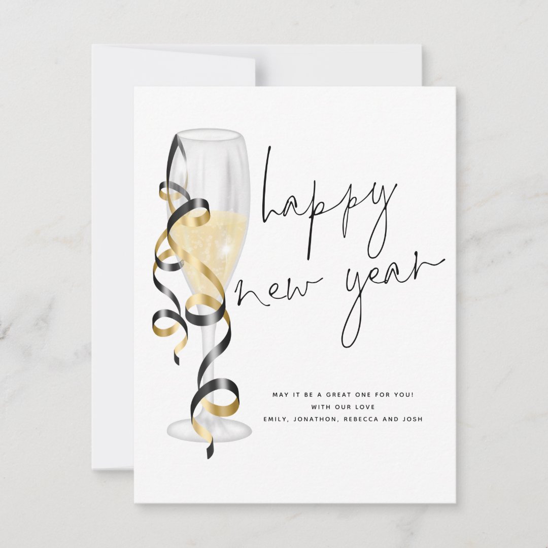 Champagne Flute Script Happy New Year Note Card | Zazzle
