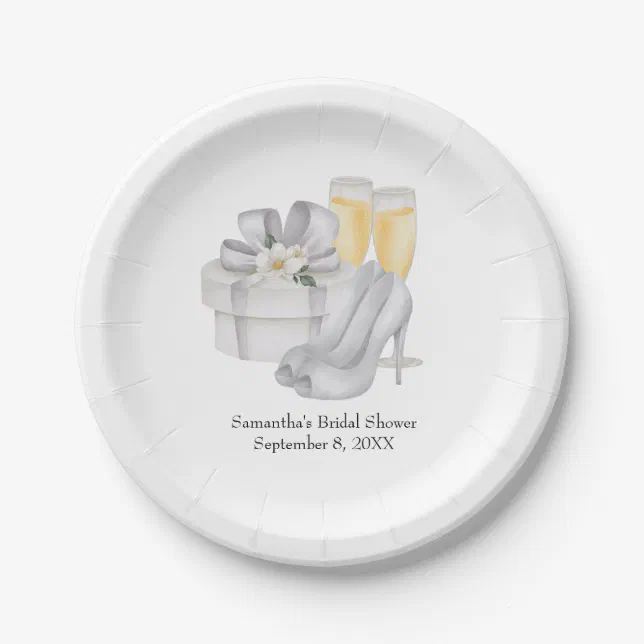 Champagne Glasses Brides Shoes Bridal Shower Paper Plates | Zazzle