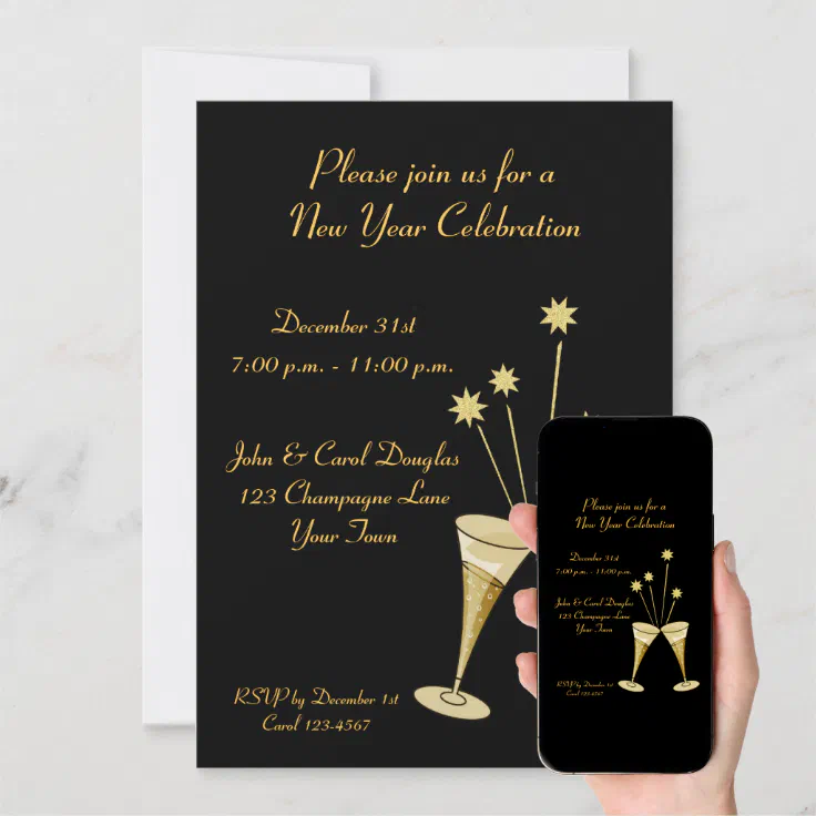 Champagne Glasses Stars Cocktail Party Invitation | Zazzle