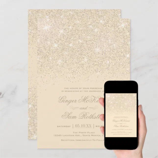 Champagne Glitter Wedding Invitations | Zazzle