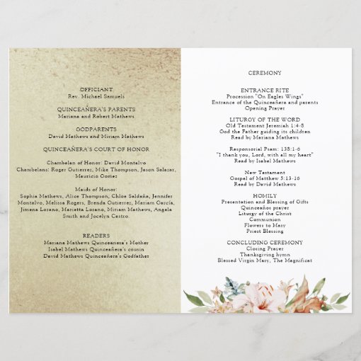 Champagne Gold and Pink Floral Quinceanera Program | Zazzle