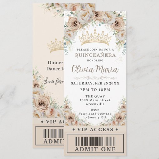 Champagne Gold Beige Floral Quinceañera VIP Ticket Invitation | Zazzle