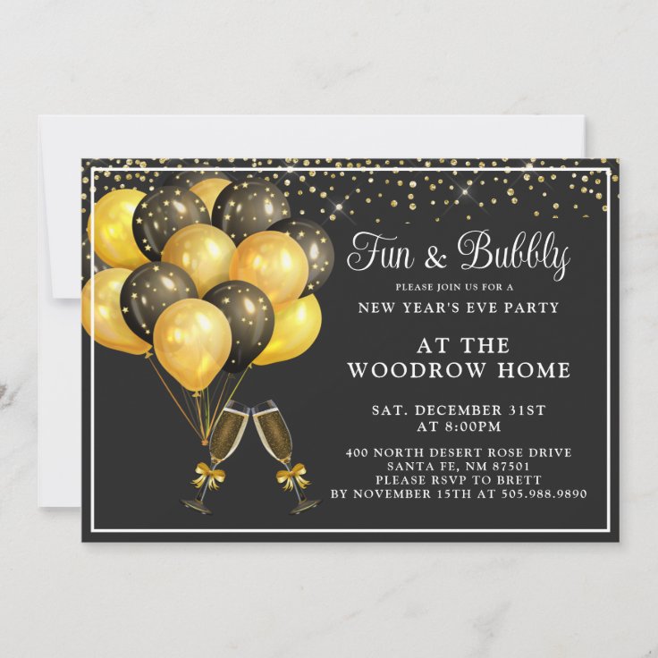 Champagne Gold Black Balloons New Year's Eve Invitation | Zazzle