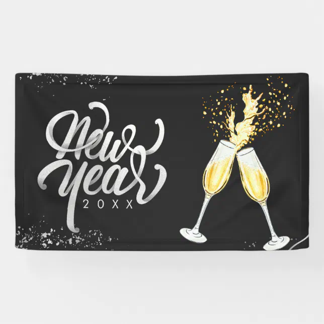 Champagne Gold Black Wine Glass Confetti Modern Banner | Zazzle