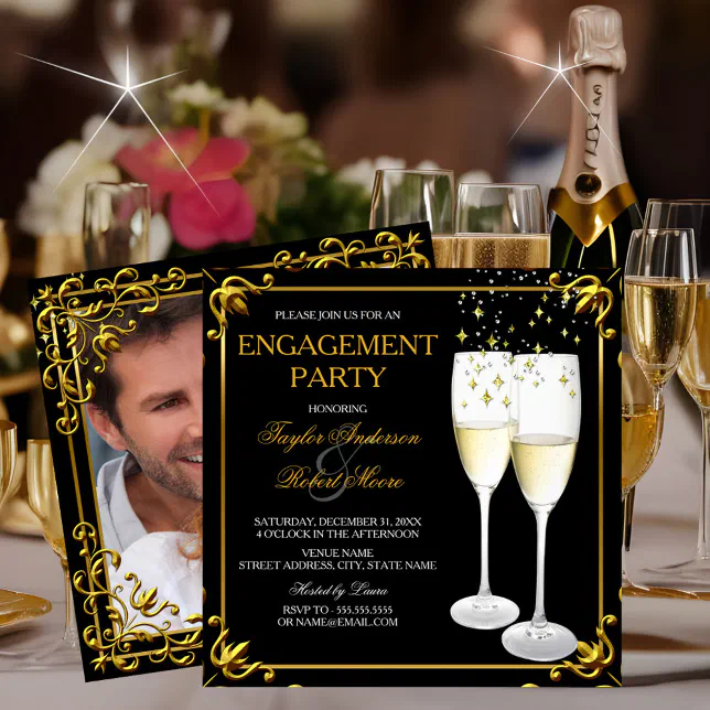 Champagne Gold Engagement Party Photo Invitation | Zazzle