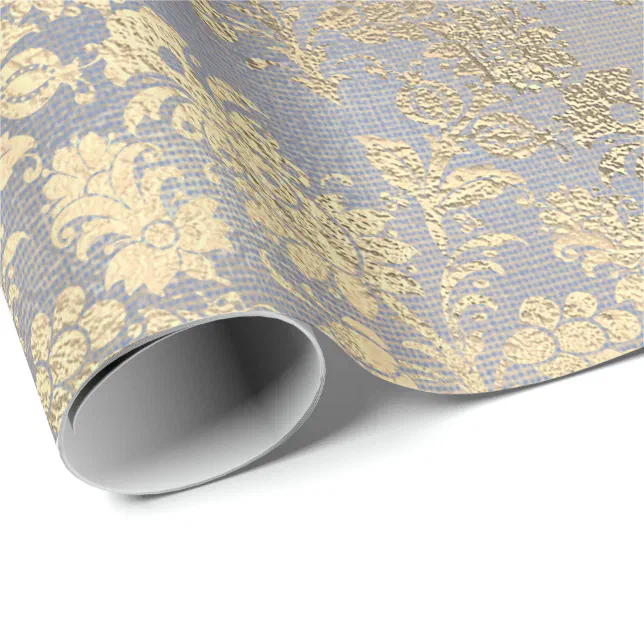 Champagne Gold Floral Blue Burlap Linen Wrapping Paper | Zazzle