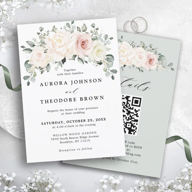 Champagne Ivory Blush Floral Greenery QR Wedding Invitation | Zazzle