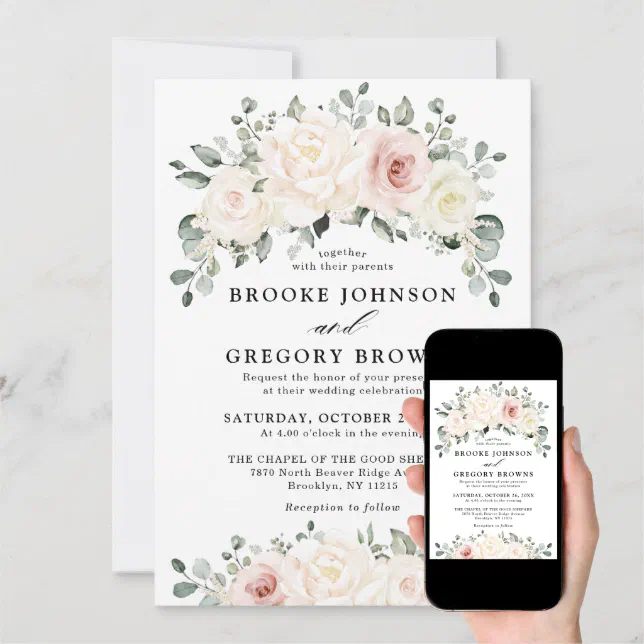 Champagne Ivory Blush Pink Floral Greenery Wedding Invitation | Zazzle
