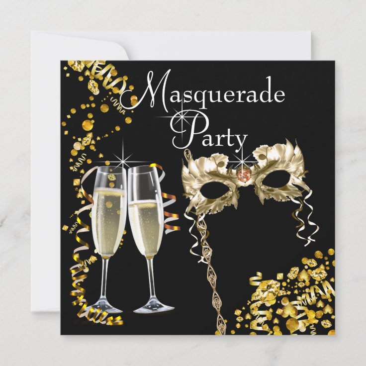 Champagne Mask Black Gold Masquerade Party Invitation | Zazzle