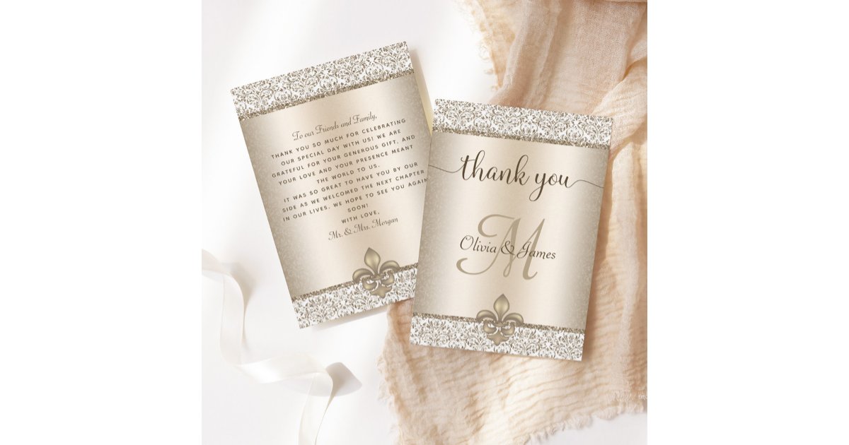 Champagne Monogram Fleur de Lis Wedding Thank You Card | Zazzle