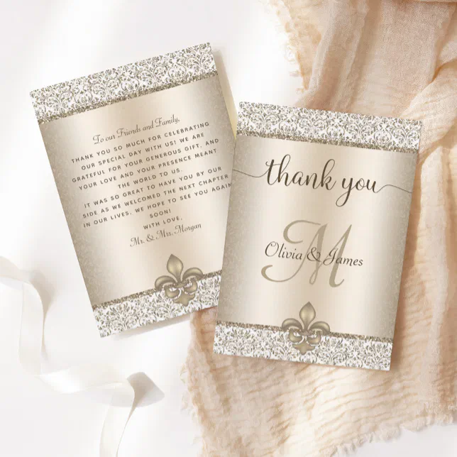 Champagne Monogram Fleur de Lis Wedding Thank You Card | Zazzle
