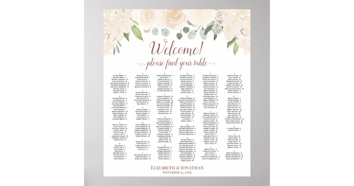 Champagne Peach Floral Alphabetical Seating Chart | Zazzle