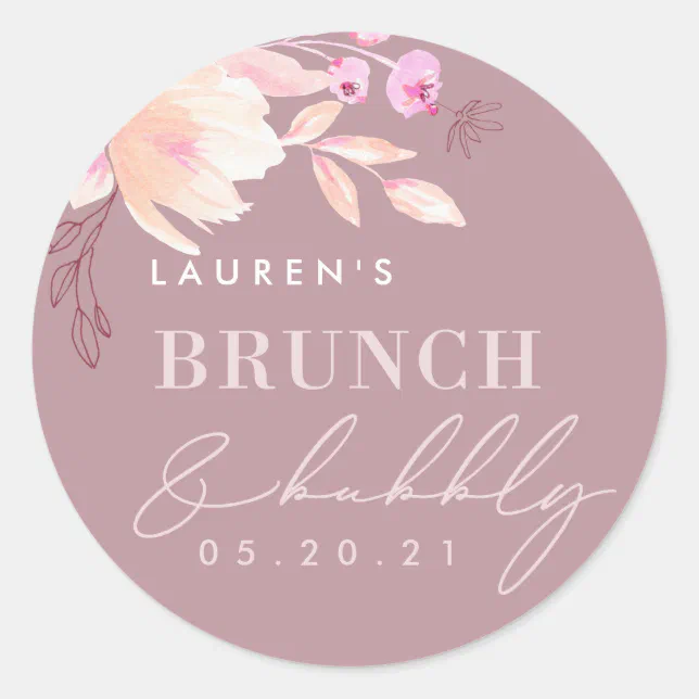 Champagne Pink Floral Bridal Brunch and Bubbly Classic Round Sticker ...
