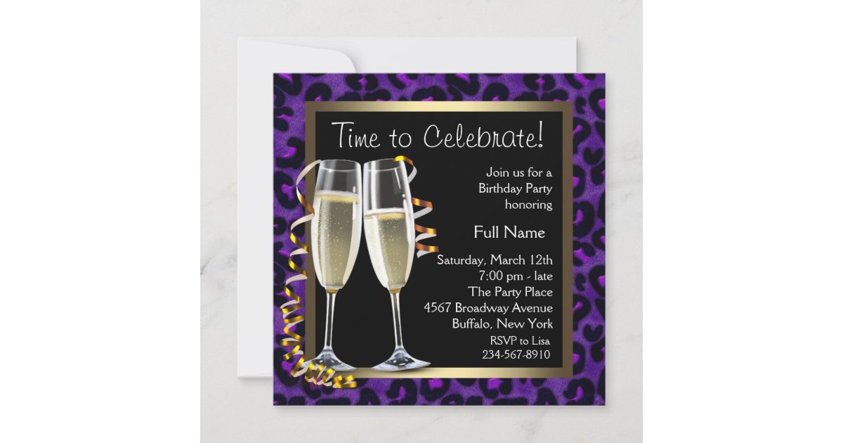 Champagne Purple Leopard Birthday Party Invitation | Zazzle