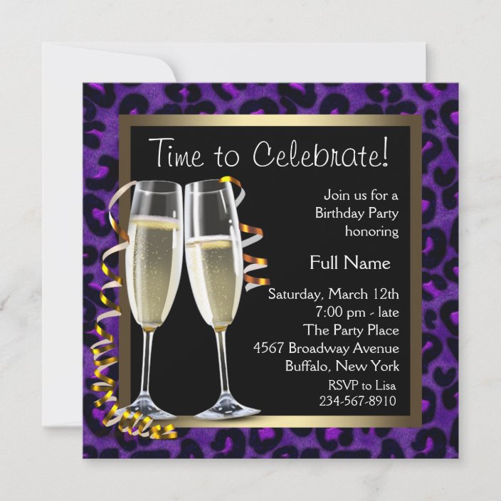 Champagne Purple Leopard Birthday Party Invitation | Zazzle.com