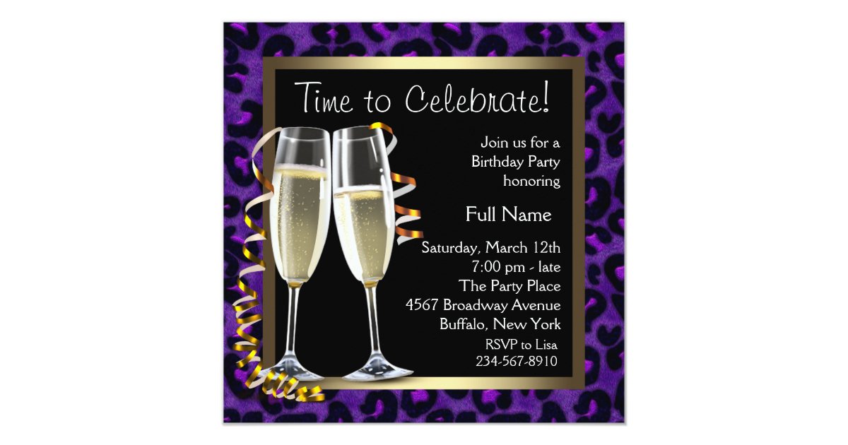 Champagne Purple Leopard Birthday Party Invitation | Zazzle.com