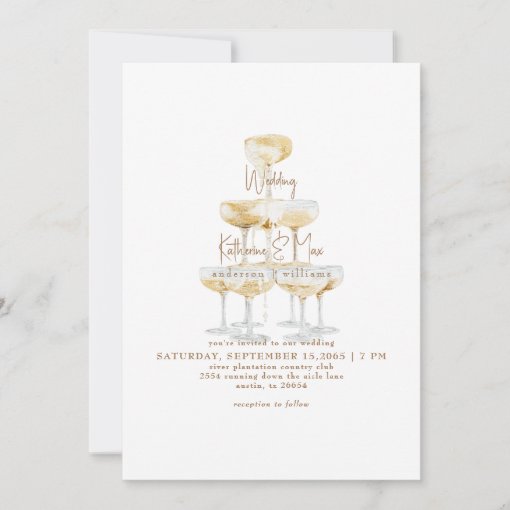 Champagne Tower Gold Text Wedding Invitation | Zazzle