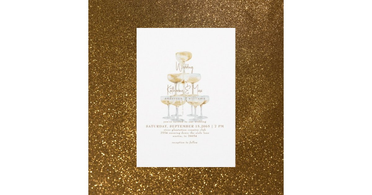Champagne Tower Gold Text Wedding Invitation | Zazzle