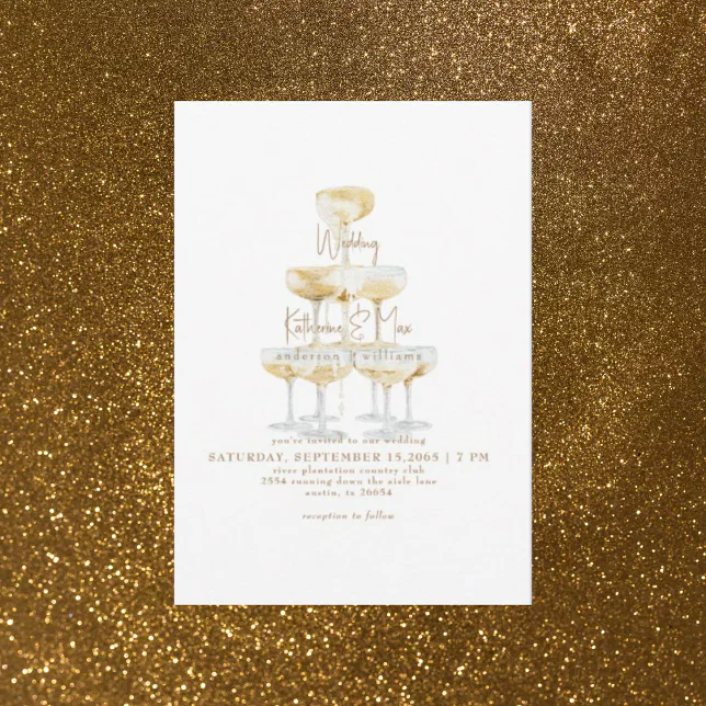 Champagne Tower Gold Text Wedding Invitation | Zazzle