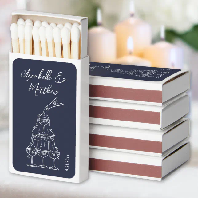 Champagne Tower Navy Blue Wedding Matchboxes | Zazzle