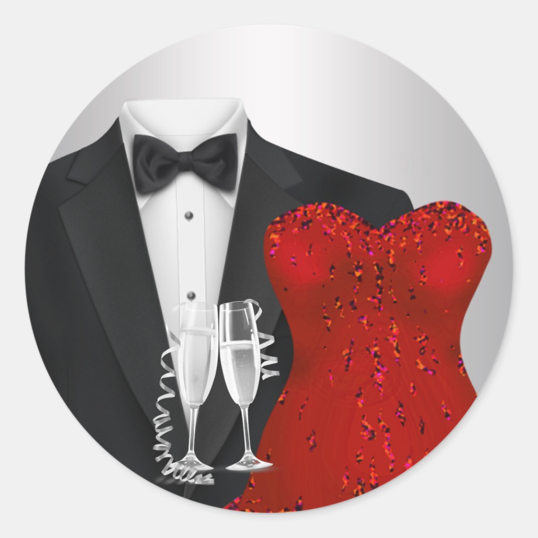Champagne Tuxedo Red Dress Party Stickers | Zazzle