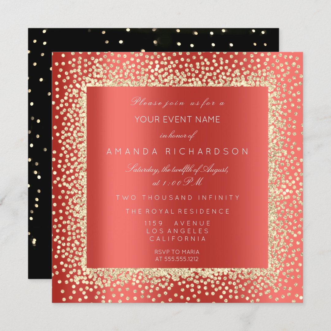 Champaigne Sepia Gold Glitter Confetti Red Ruby Invitation | Zazzle