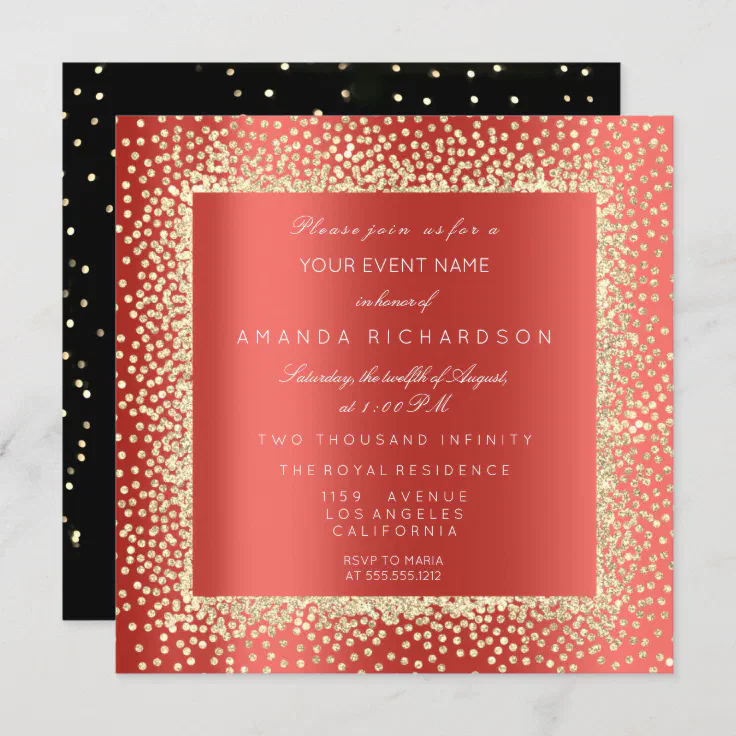 Champaigne Sepia Gold Glitter Confetti Red Ruby Invitation | Zazzle