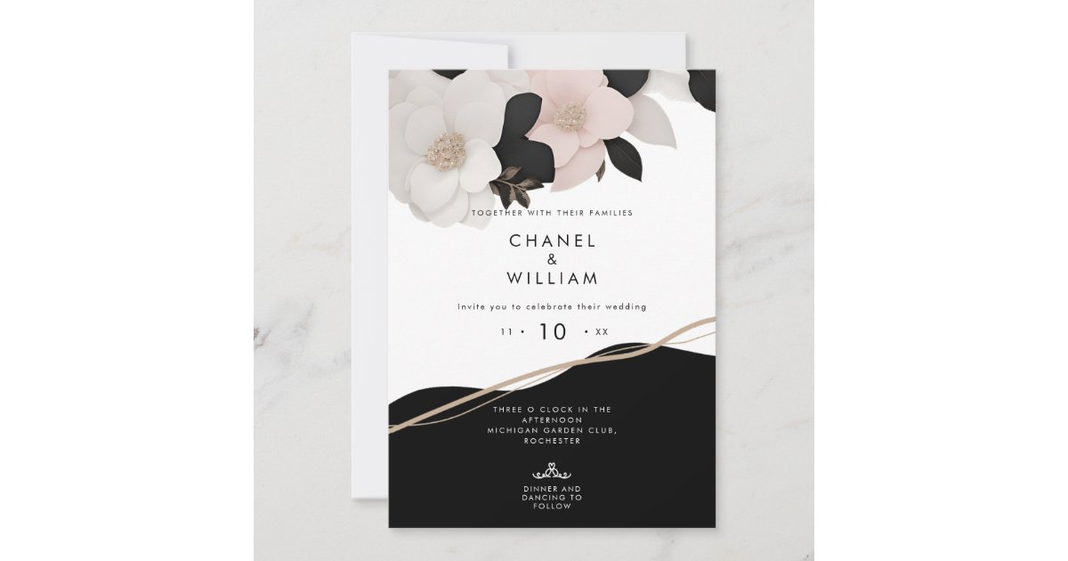 Chanel black and white bejeweled floral wedding invitation | Zazzle