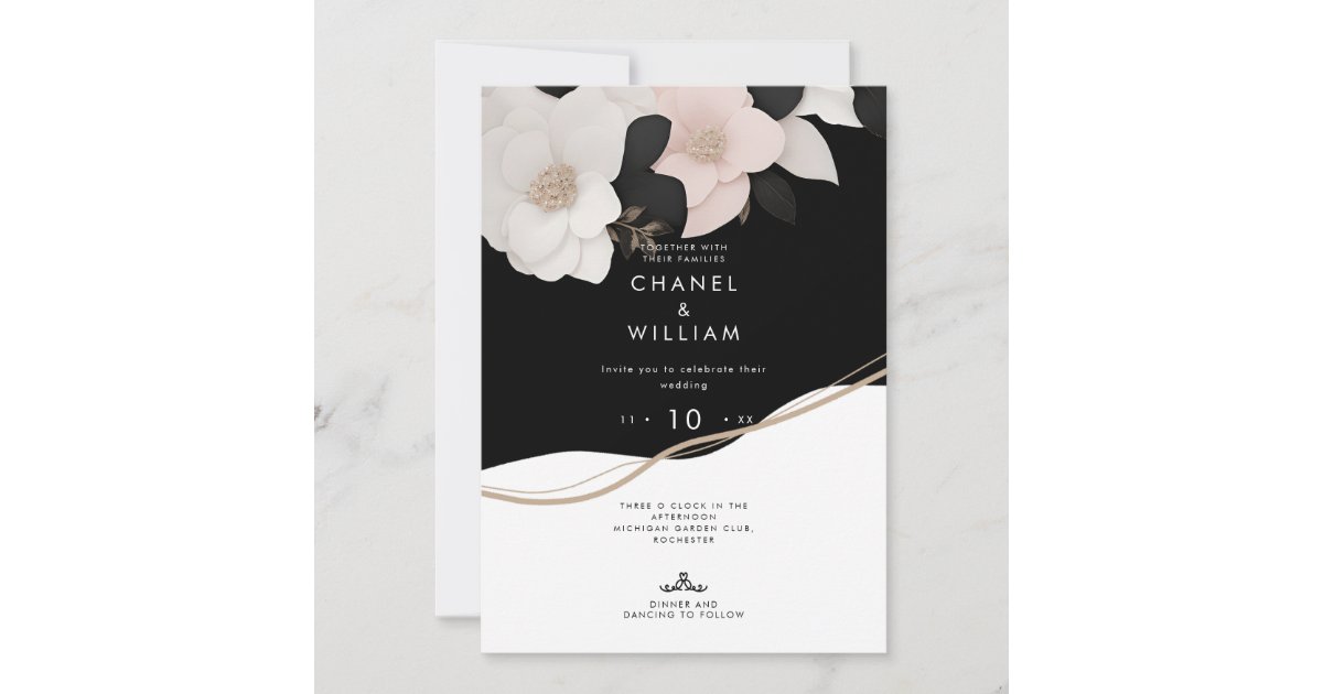 Chanel-inspired black and white floral wedding invitation | Zazzle