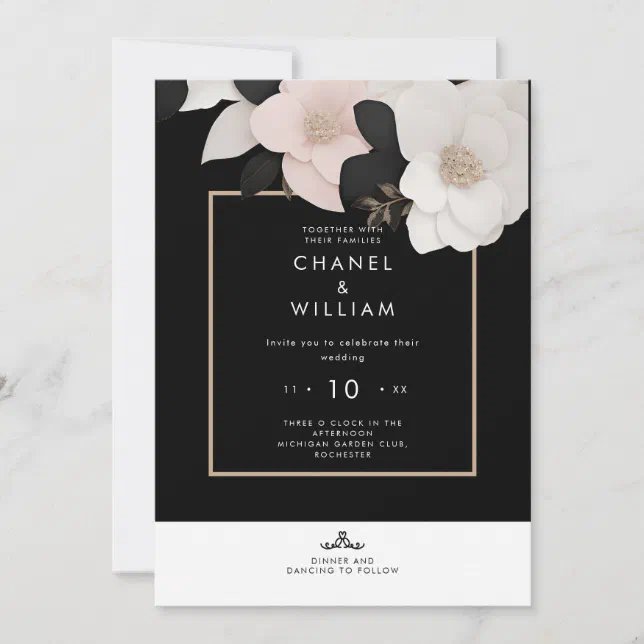 Chanel-inspired black floral wedding invitation | Zazzle