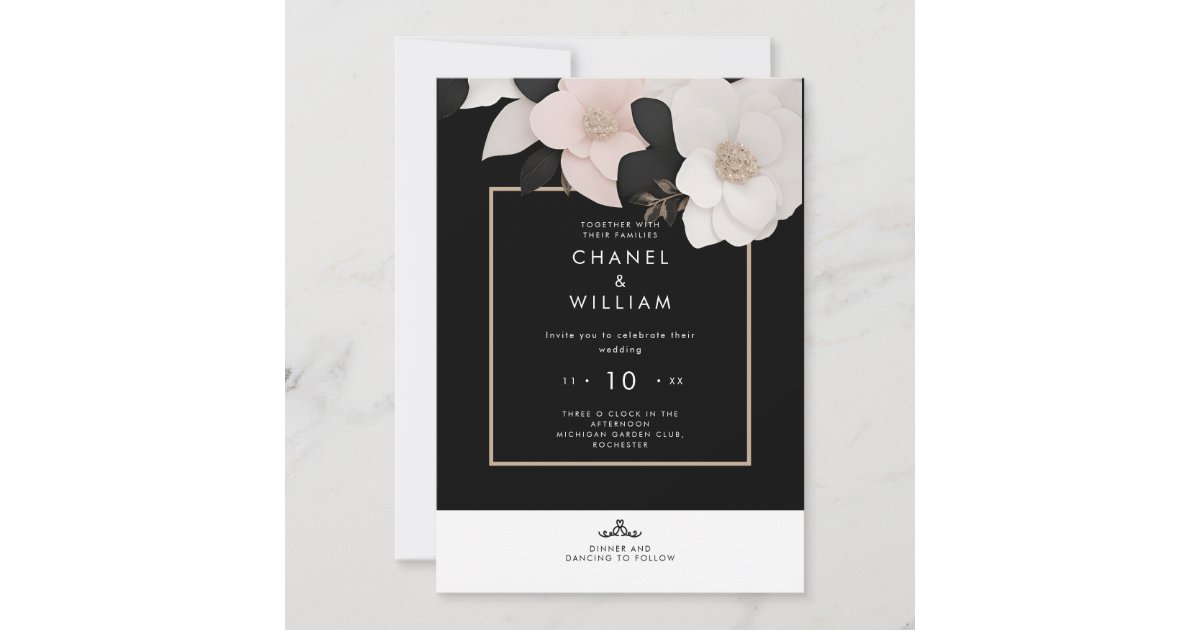 Chanel-inspired black floral wedding invitation | Zazzle