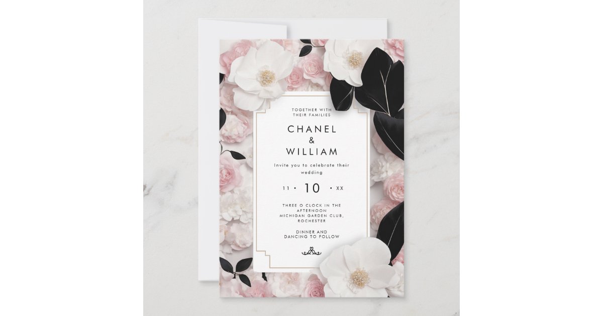 Chanel-inspired blush pink floral wedding invitation | Zazzle