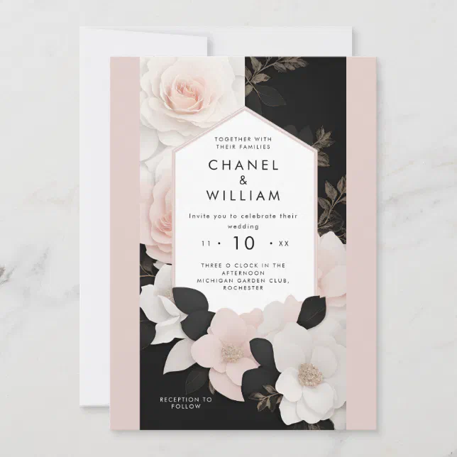 Chanel-inspired blush pink floral wedding invitation | Zazzle