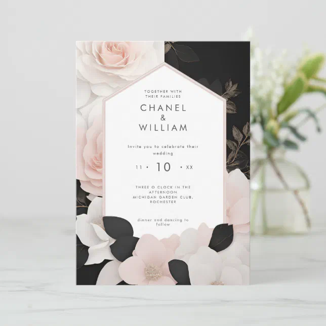 Chanel-inspired blush pink floral wedding invitation | Zazzle