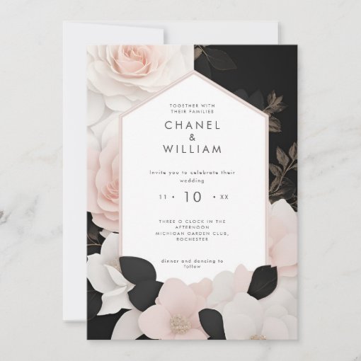 Chanel-inspired blush pink floral wedding invitation | Zazzle