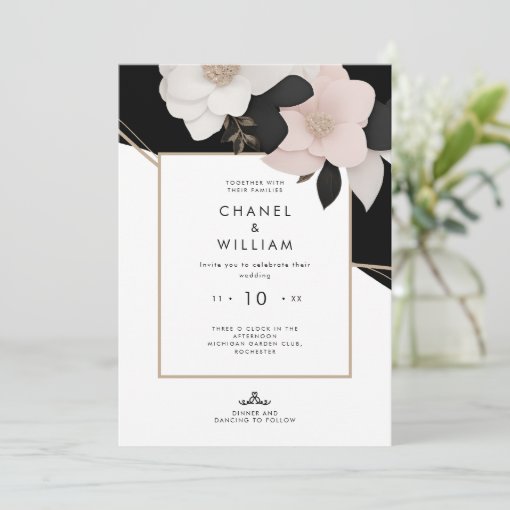 Chanel-inspired blush pink floral wedding invitation | Zazzle