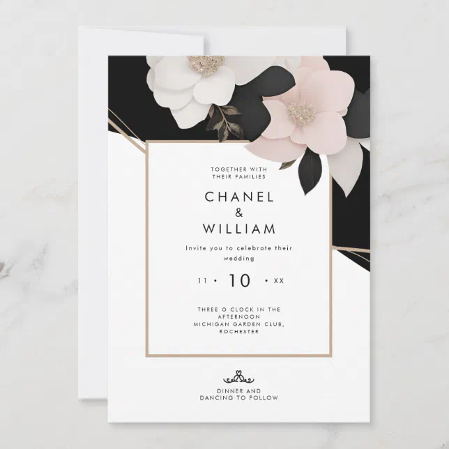 Chanel-inspired blush pink floral wedding invitation | Zazzle