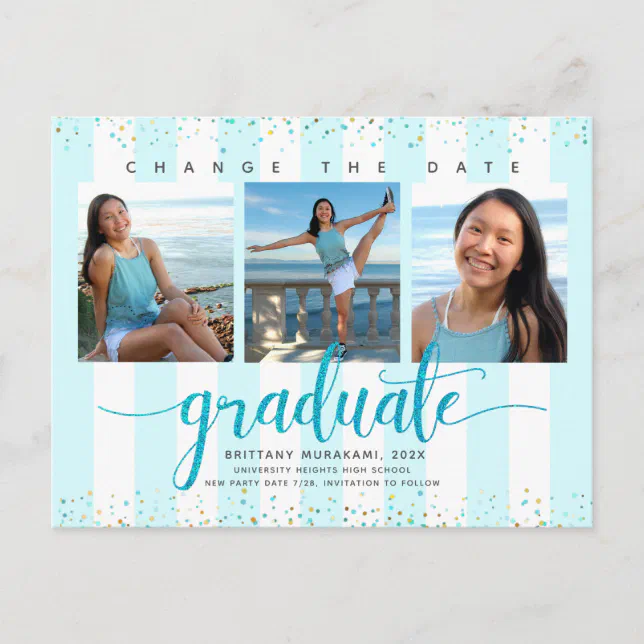 Change date graduation photo chic turquoise script invitation postcard ...